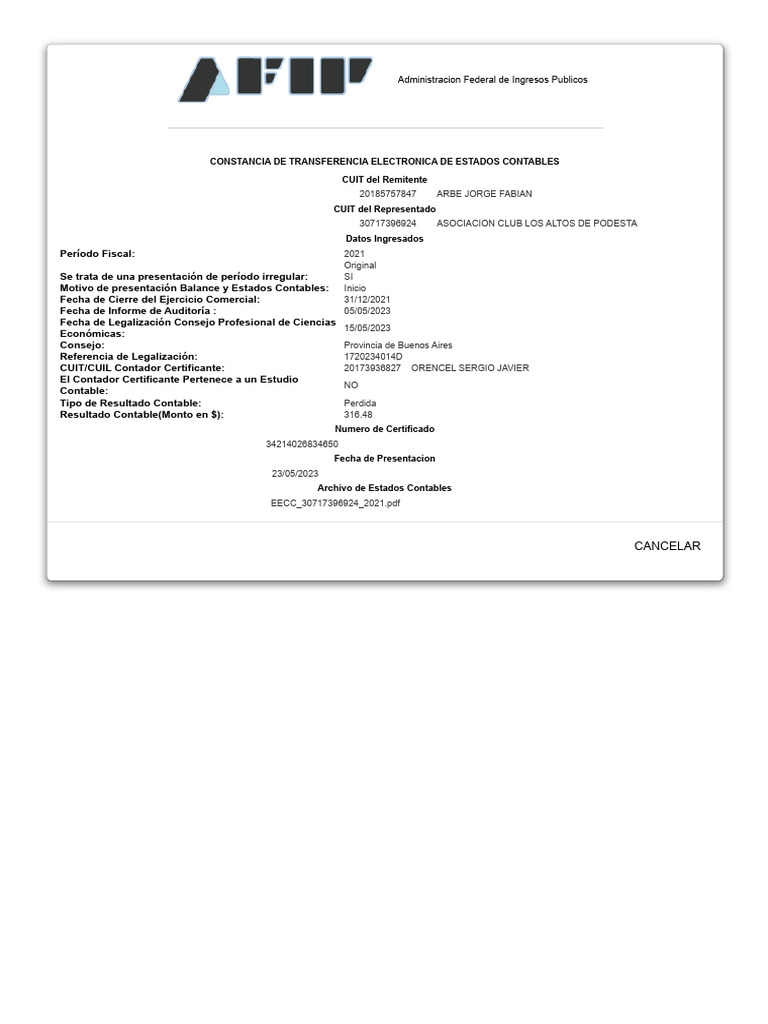 PRESENTACION EECC AFIP ALTOS PODESTA PERIODO 2021 | PDF