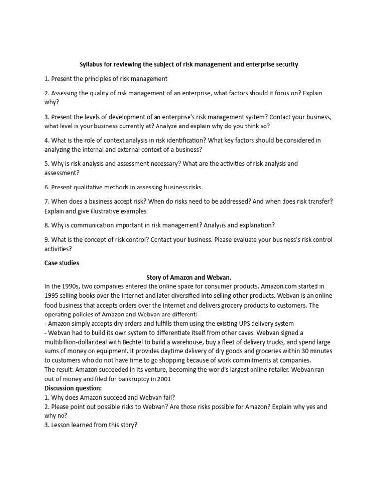 Syllabus For Reviewing The Subject of Risk Management and Enterprise ...