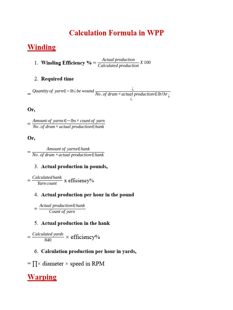 WPP Calculation Formula | PDF | Pound (Mass) | Yarn