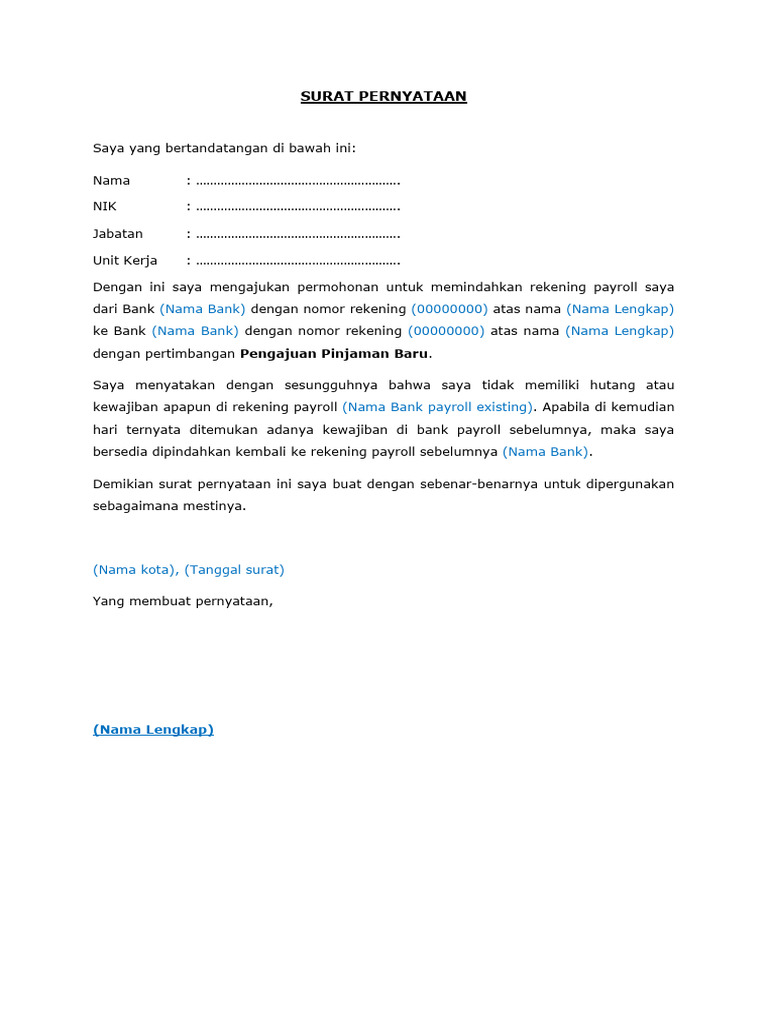 Format Surat Pernyataan Pindah Rekening Payroll - Pengajuan Pinjaman Baru-1 | PDF