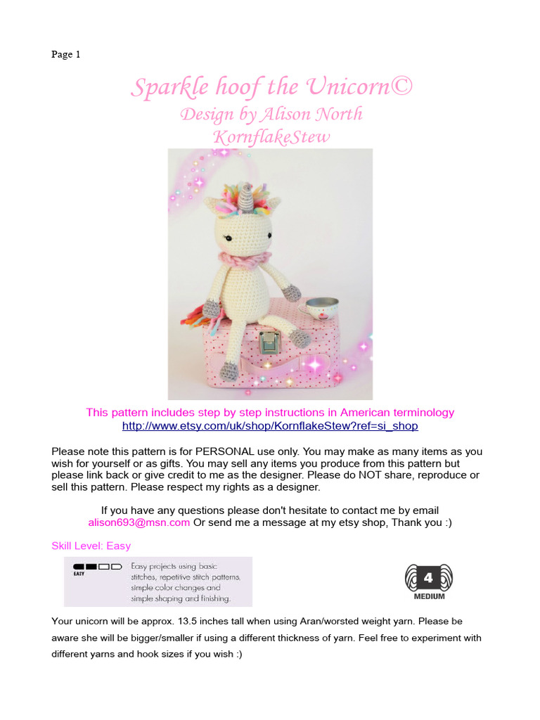 Alison North - Sparkle Hoof The Unicorn | PDF | Crochet | Yarn