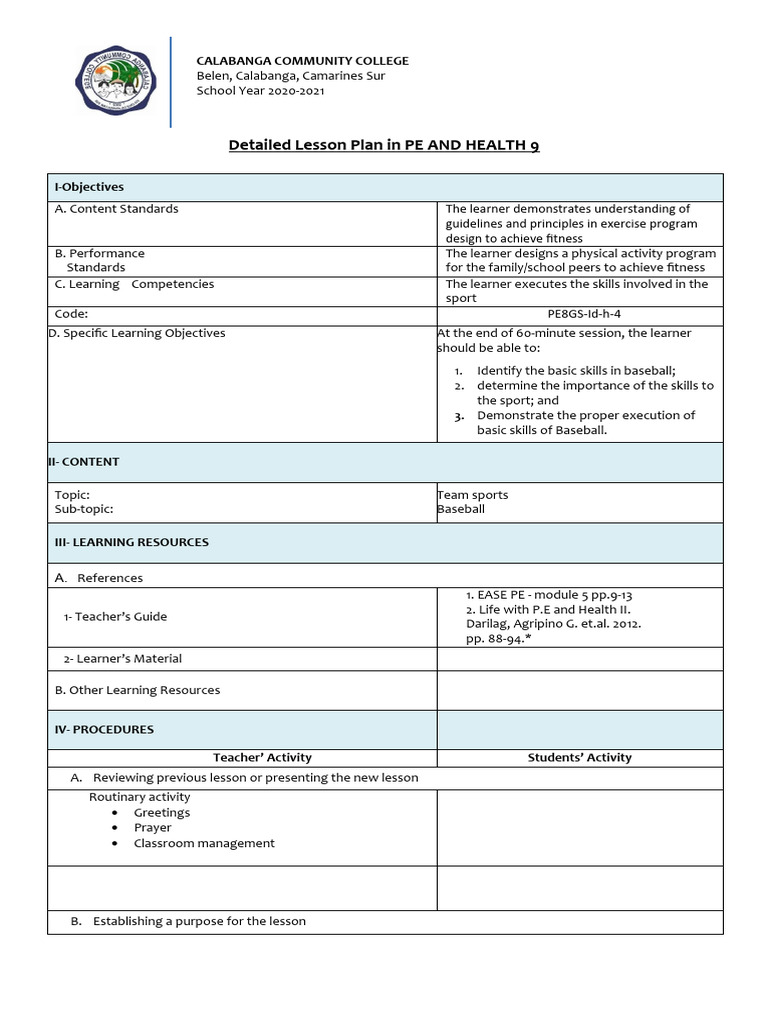 Lesson Plan Format 7es BPED | PDF | Learning | Lesson Plan