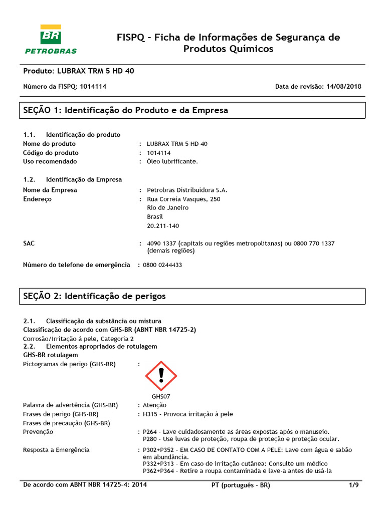 Fispq BR PT Lubrax TRM 5 HD 40 | PDF | Primeiros socorros | Queimadura