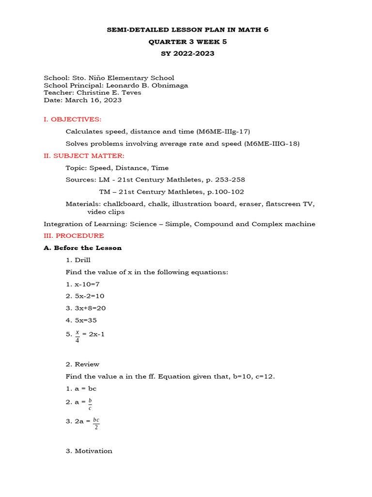 Math 6 Lesson Plan: Speed, Distance, Time | PDF | Mathematics