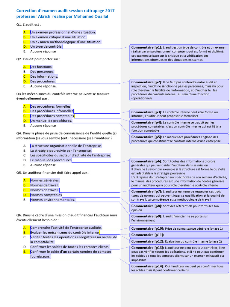 Correction QCM Audit DSCG 2017 | PDF | Audit financier | Audit