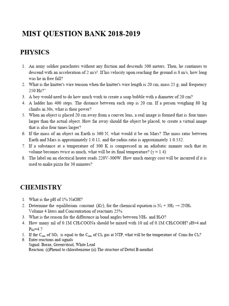 MIST 2018-2019 Question | PDF | Mass | Chemical Equilibrium