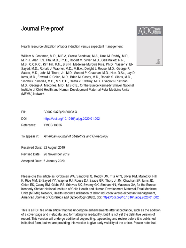 Health Resource Utilization of Labor Induction Versus Expectant ...