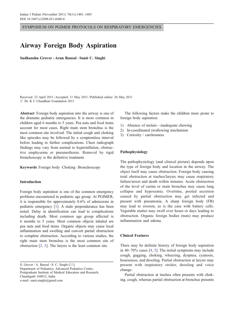 Airway Foreign Body Aspiration | Download Free PDF | Pneumonia | Cough