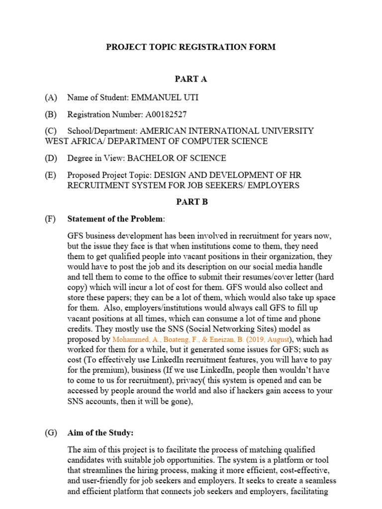 Final Year Topic Registration Form Topic | PDF | Recruitment | Survey ...