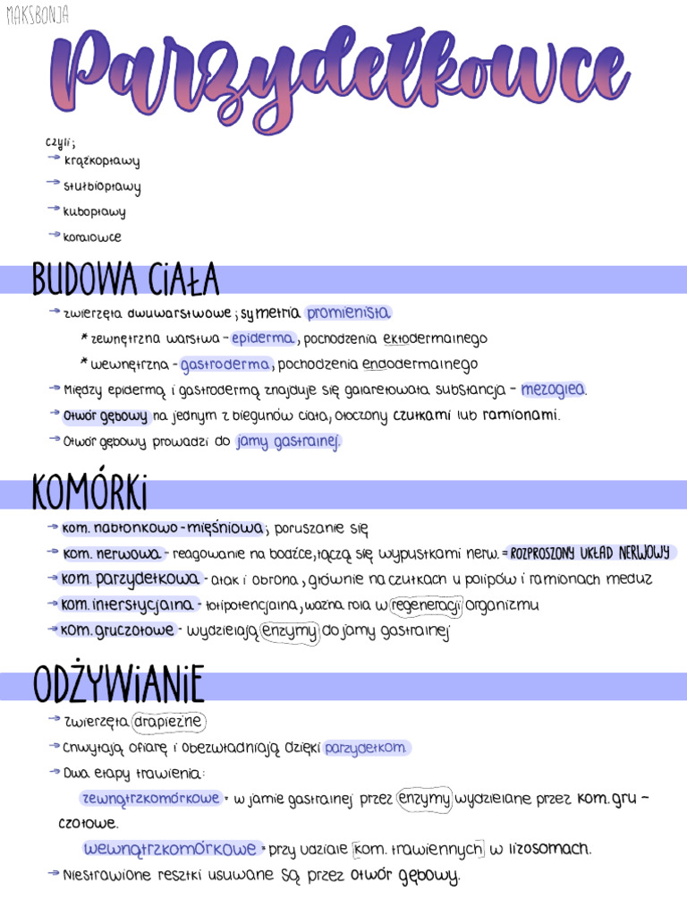 Parzydełkowce - Notatka | PDF