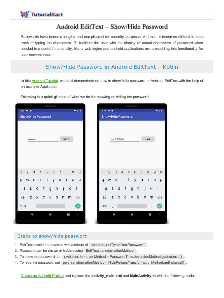 Android Show Hide Password In Edittext Pdf Android Operating System Password