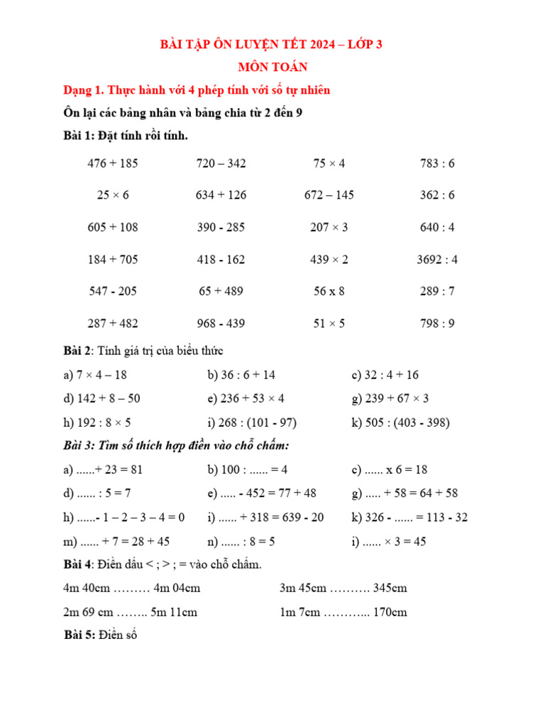 Bai Tap Tet Mon Toan 3 | PDF