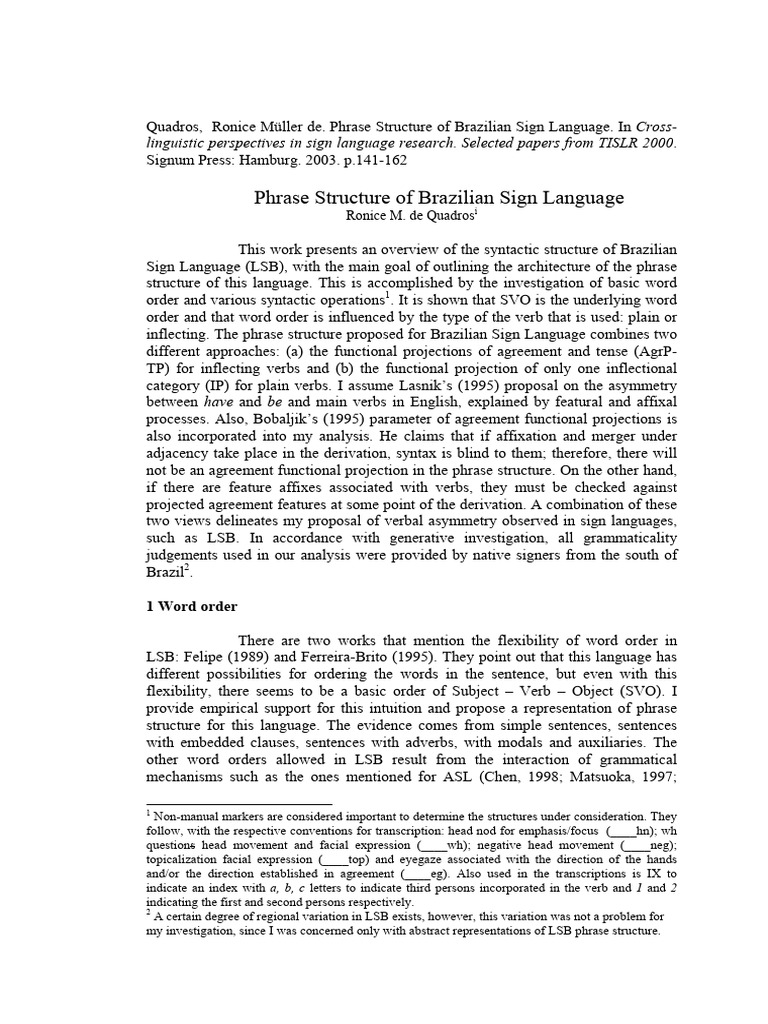 Phrase Structure of Brazilian Sign Language | PDF | Phrase | Verb Phrase Structure of Brazilian Sign Language | PDF | Phrase | Verb