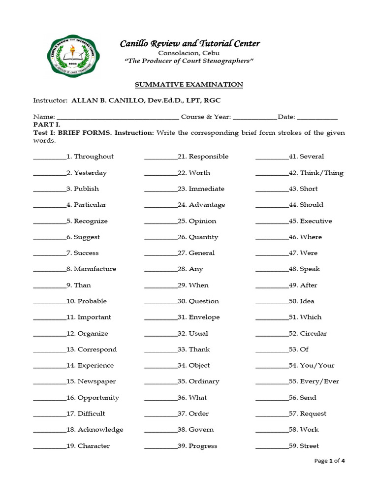 Stenography Summative Examination | PDF