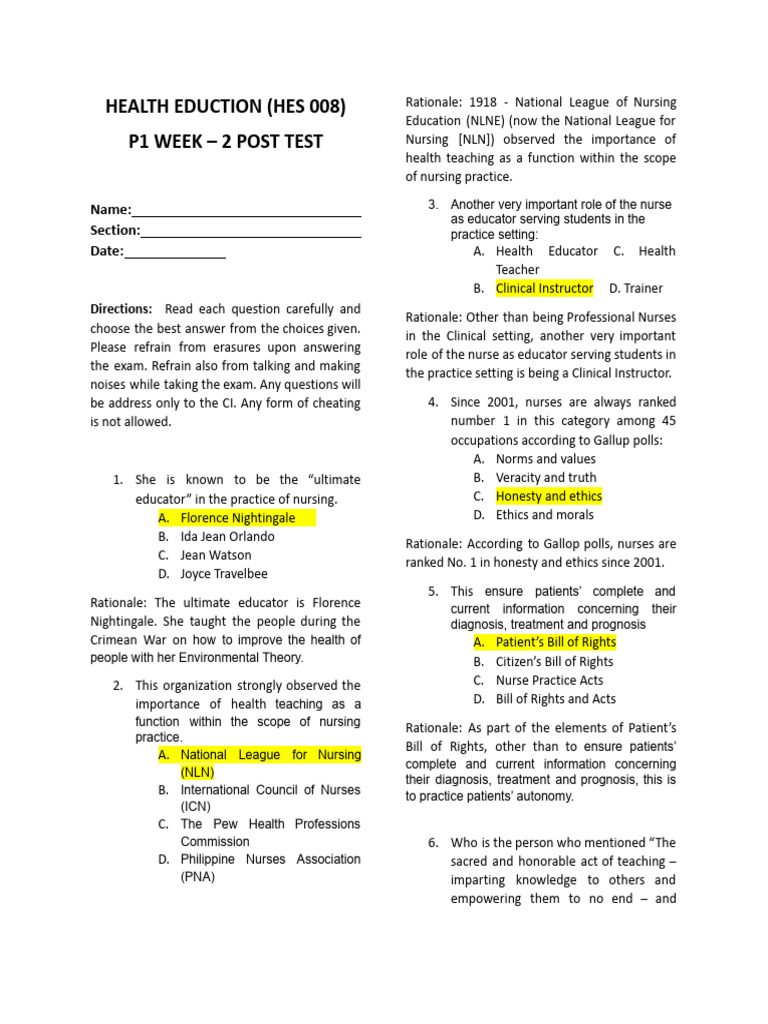 Hes 008 p1 WK 2 Post Test Ans. Key With Ratio | PDF