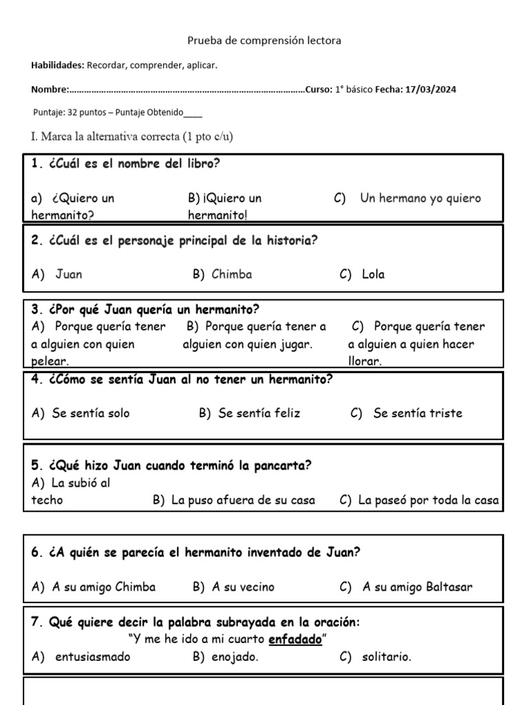 Vdocuments - MX Prueba de Comprension Lectora Quiero Un Hermanito 1 | PDF
