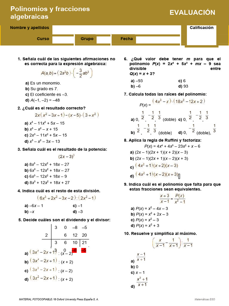 4B - polinomios- test y soluciones | PDF | División (Matemáticas ...