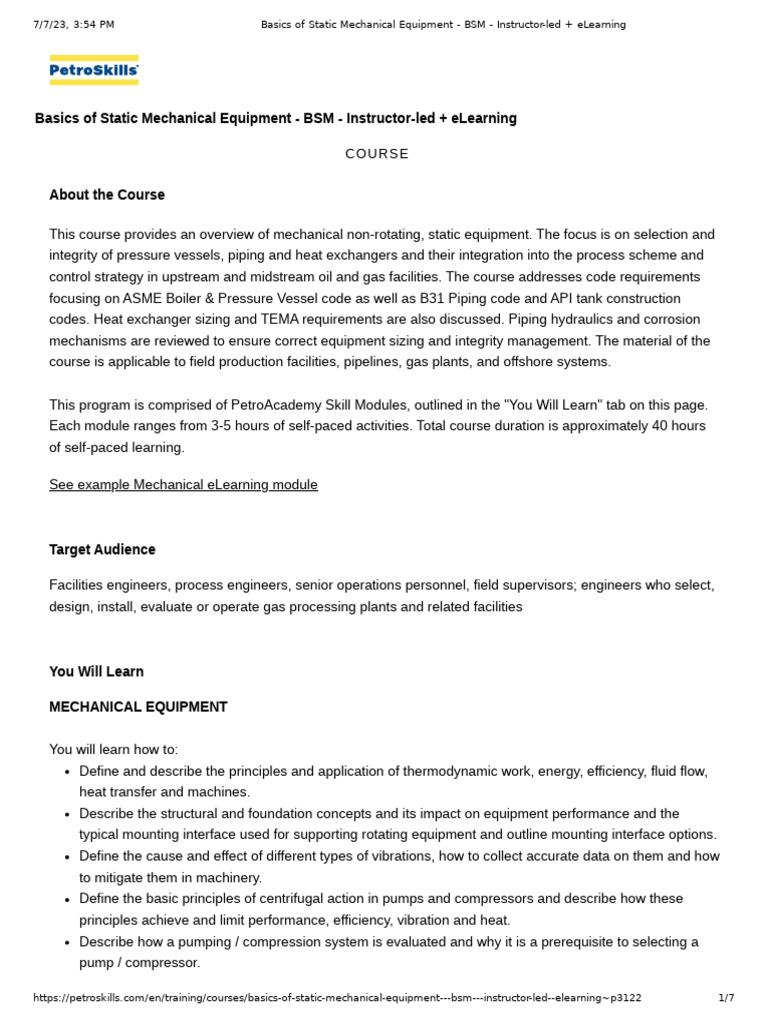 Course Basics of Static Mechanical Equipment - BSM - Virtual Blended ...