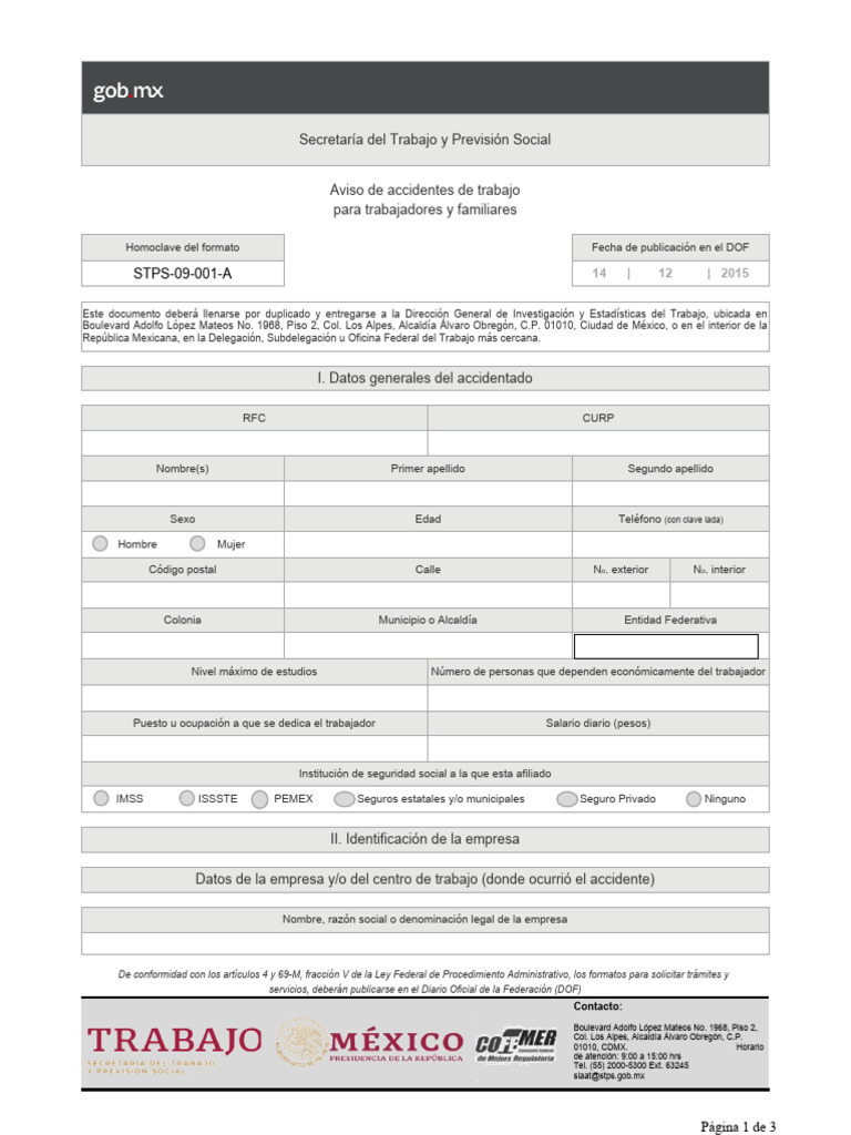 STPS Formato de Aviso de Accidentes de Trabajo para Trabajadores y ...