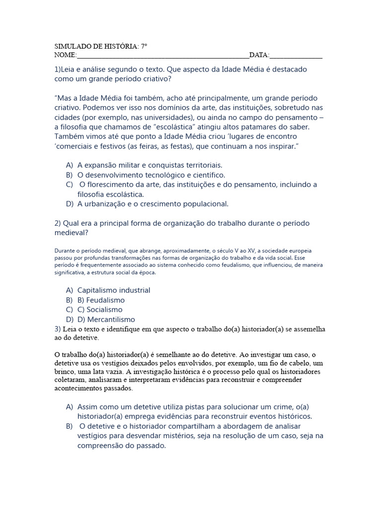 Simulado de História7° Ano 1bimestre | PDF | Ciencias sociales | Historia