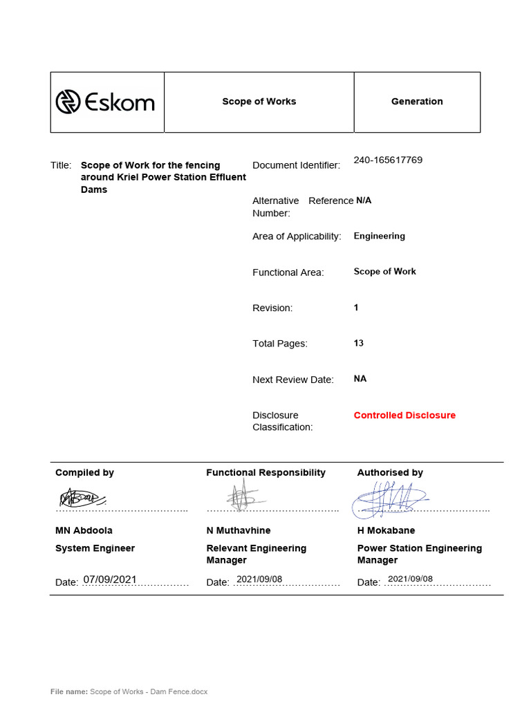 Scope of Works - Dam Fence | PDF | Specification (Technical Standard ...