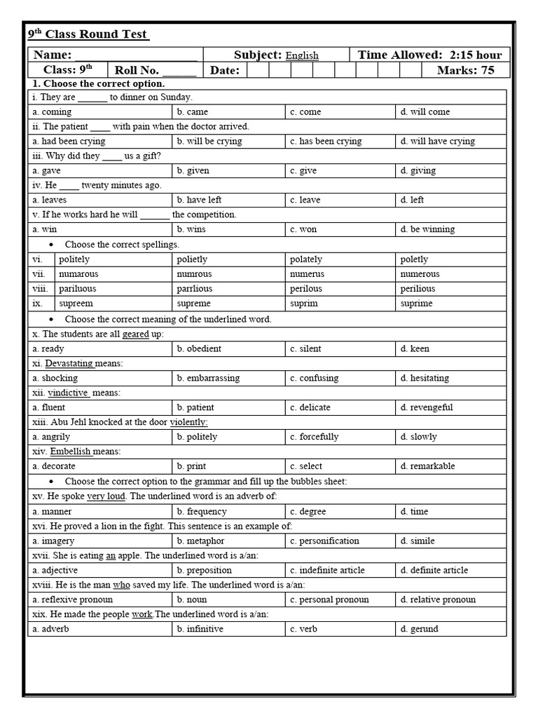 2:15 Hour Class: 9 Roll No Date Marks: Name: - Subject: Time Allowed ...