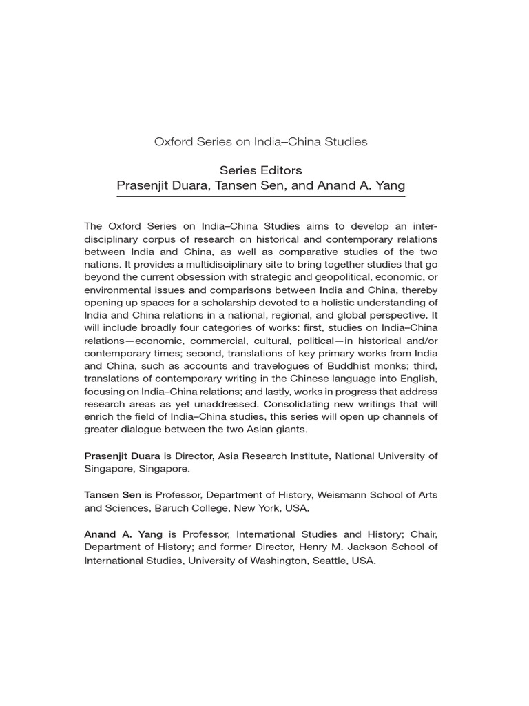 Oxford Series On India-China Studies Series Editors Prasenjit Duara ...