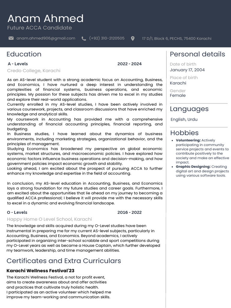 CV - Anam Ahmed | Download Free PDF | Economics | Accounting