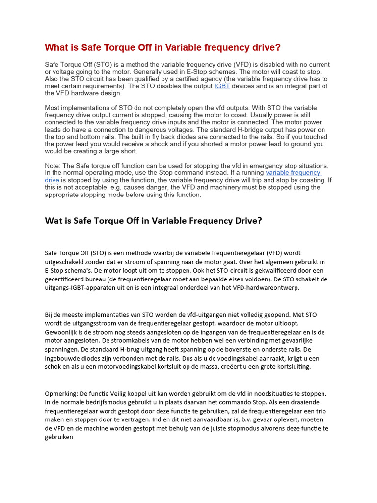 What is Safe Torque Off in Variable frequency drive | PDF