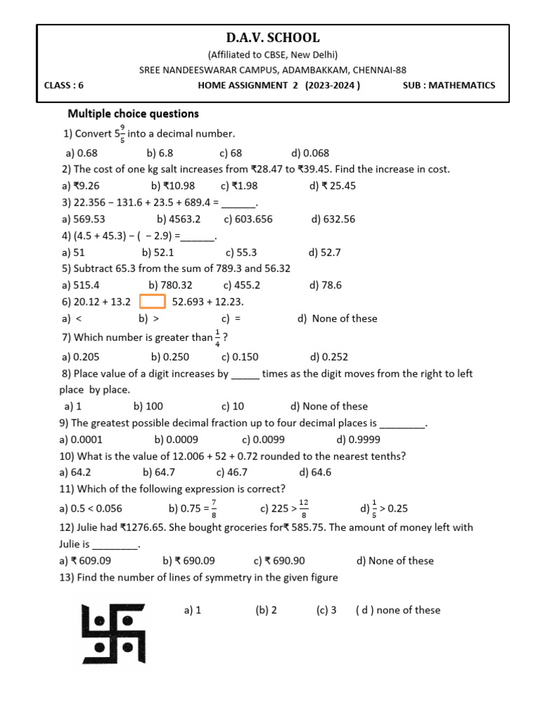 Class 6 Maths Home Assignment 2 1701494631 | PDF | Elementary ... Class 6 Maths Home Assignment 2 1701494631 | PDF | Elementary ...