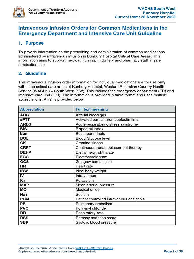 Intravenous Infusion Orders For Common Medications in The ED and ICU ...