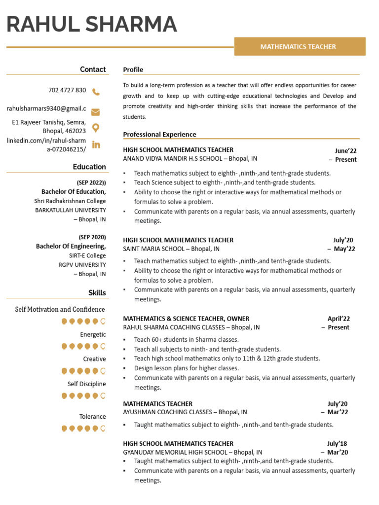 Teacher Professional Resume | PDF | Teachers | Mathematics
