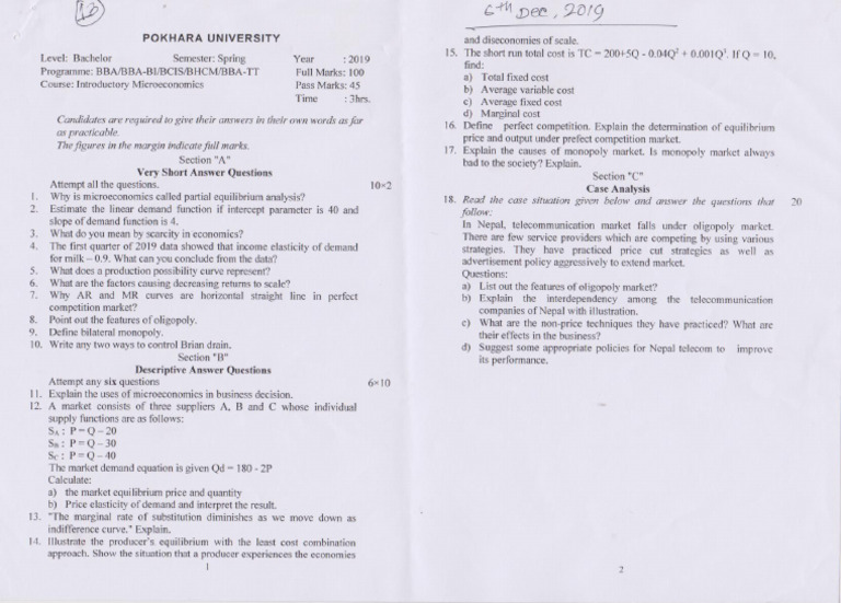 Micro 2019 Pokhara University Question | PDF