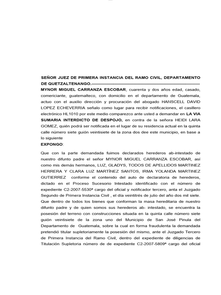 Demanda de Despojo en Quetzaltenango | PDF | Posesión (Ley) | Propiedad