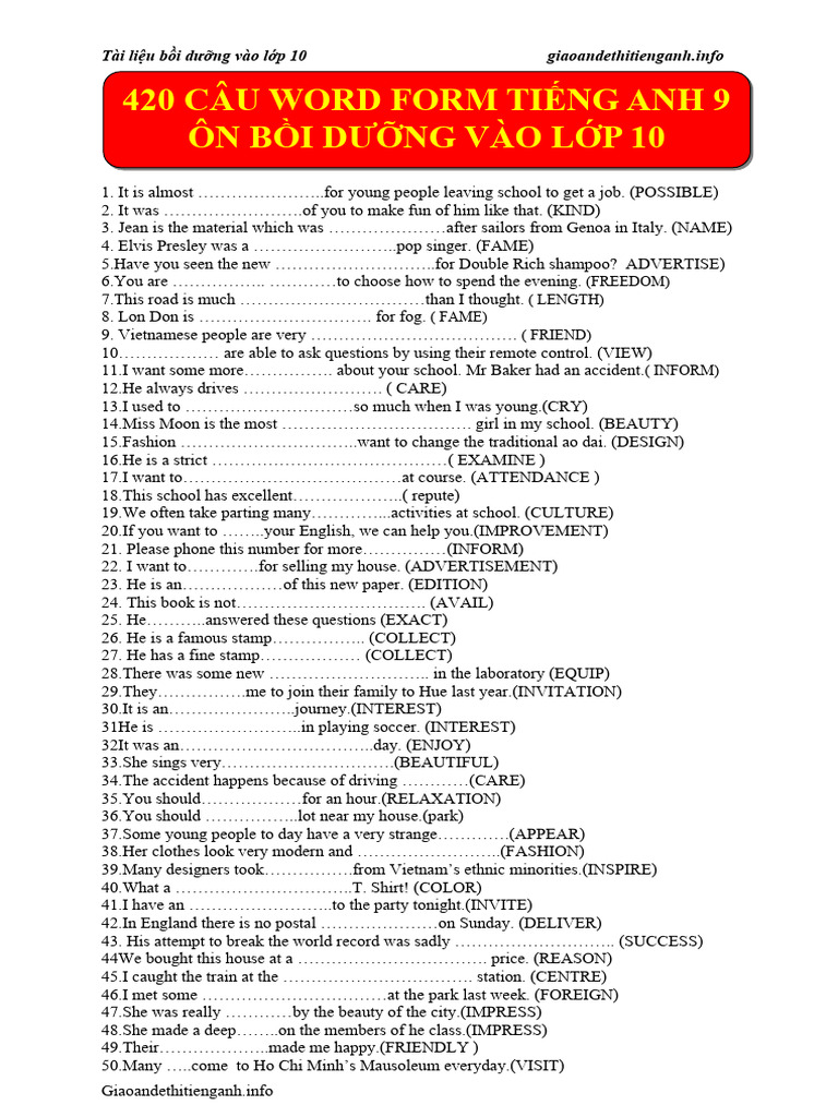 420 CÂU WORD FORM TIẾNG ANH 9 giaoandethitienganh.info | PDF