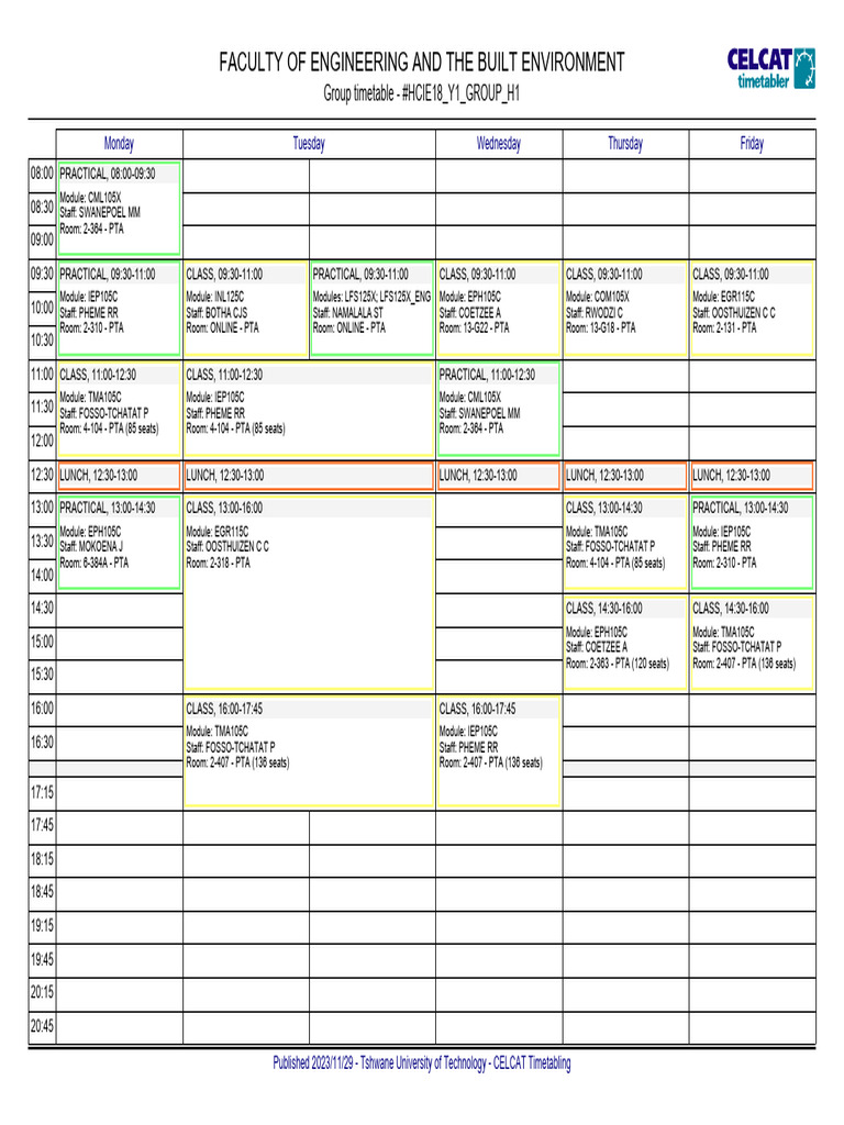 Engineering Timetable 2023 | PDF