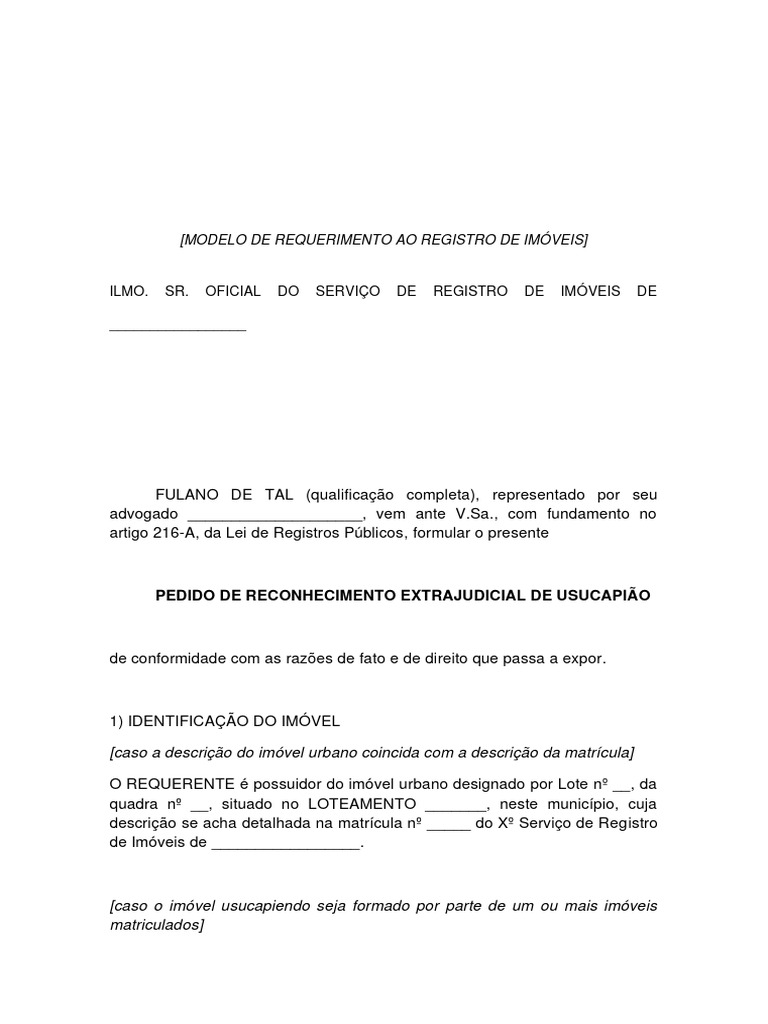 Modelo de Requerimento de Usucapião | PDF | Direito Privado | Lei de ...