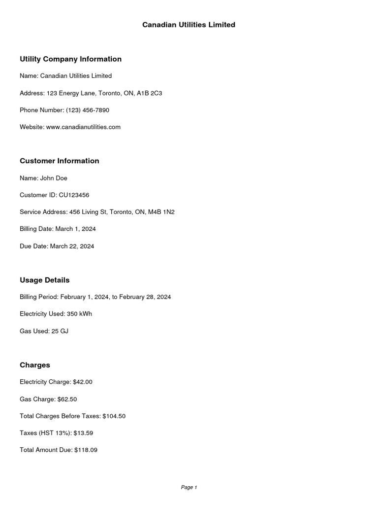 Canadian Utility Bill Mockup | PDF