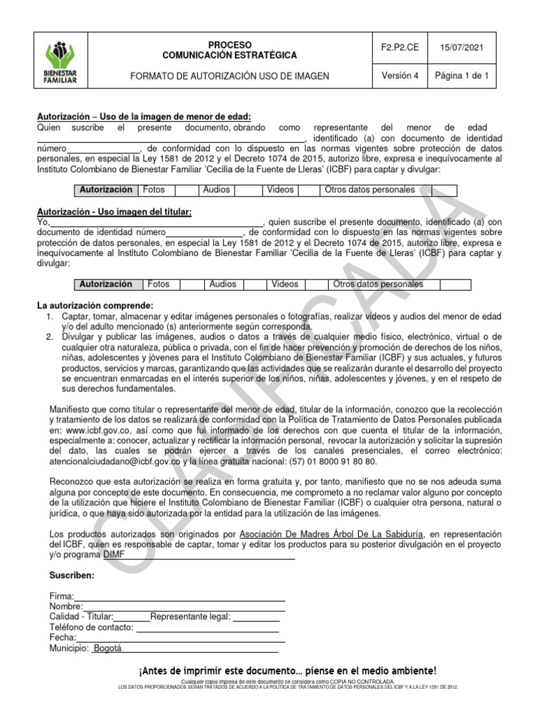 Autorización Uso de Imagen ICBF | PDF | Documento de identidad | Maestros