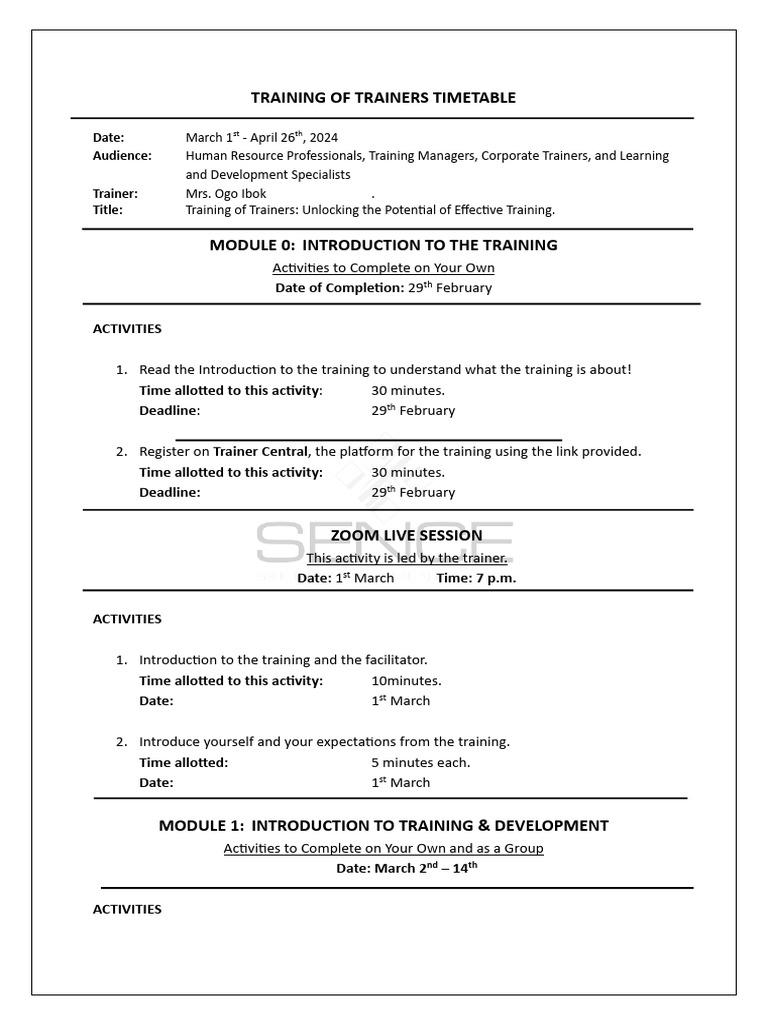 TRAINING OF TRAINERS TIMETABLE | PDF | Facilitator | Learning