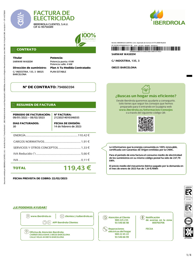 Factura de electricidad Iberdrola 2023 | PDF | Factura