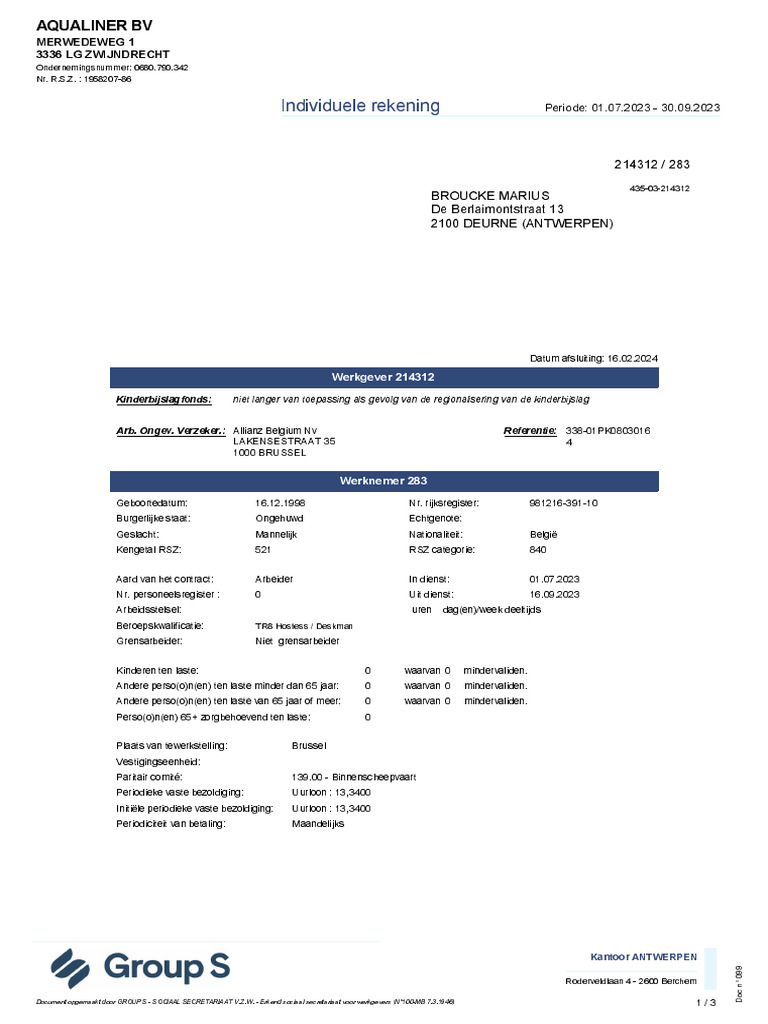 Individuele Rekening: Werkgever 214312 | PDF