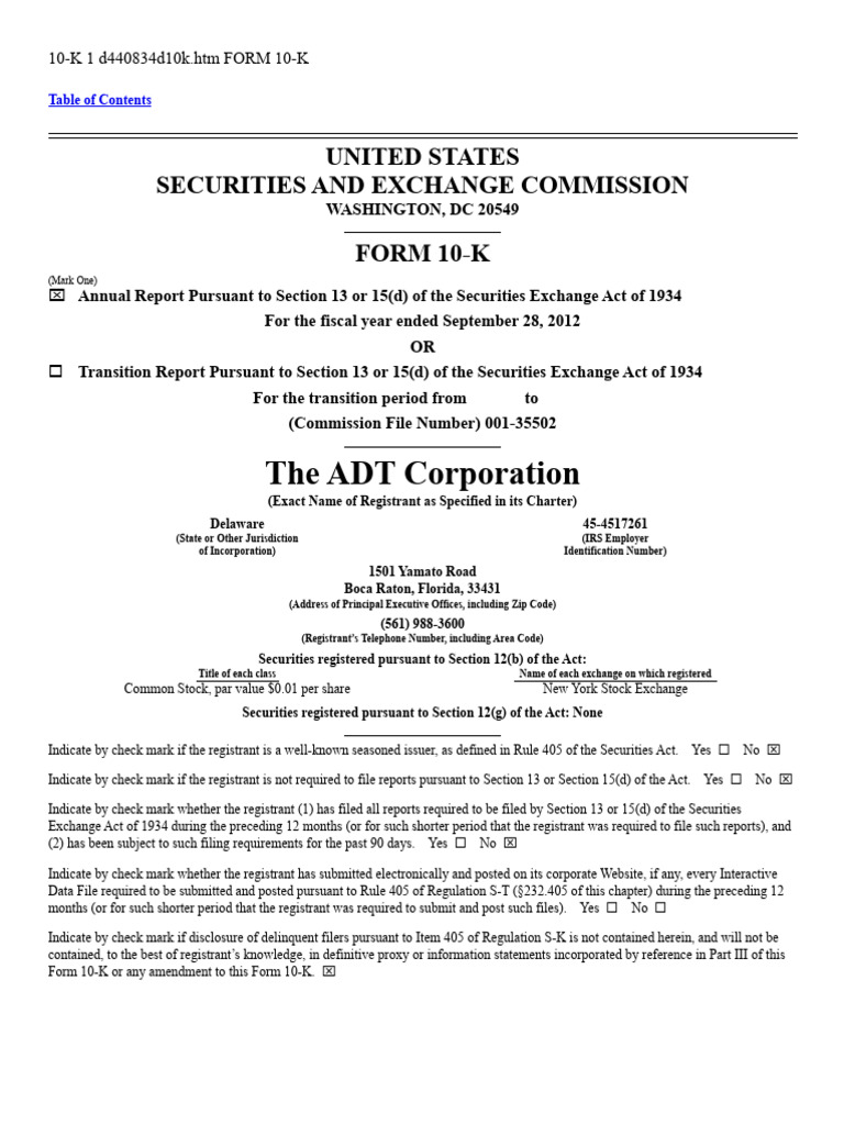 Adt 2012 10K | PDF | Form 10 K | Security Alarm