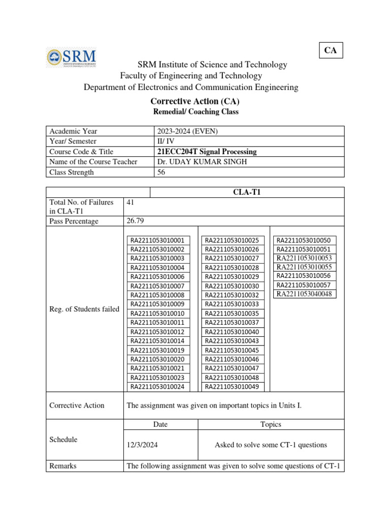 Corrective Actions - CT1 | PDF