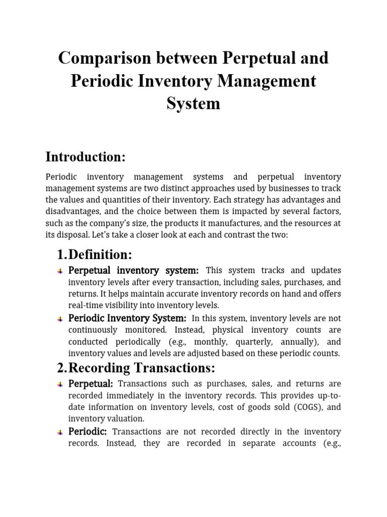 Perpetual vs Periodic Inventory Systems | PDF | Inventory | Valuation ...