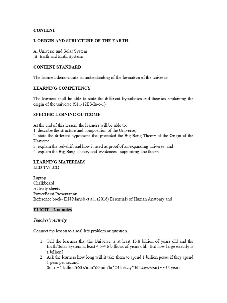 Universe Origin and Structure Lesson Plan | PDF | Stars | Matter
