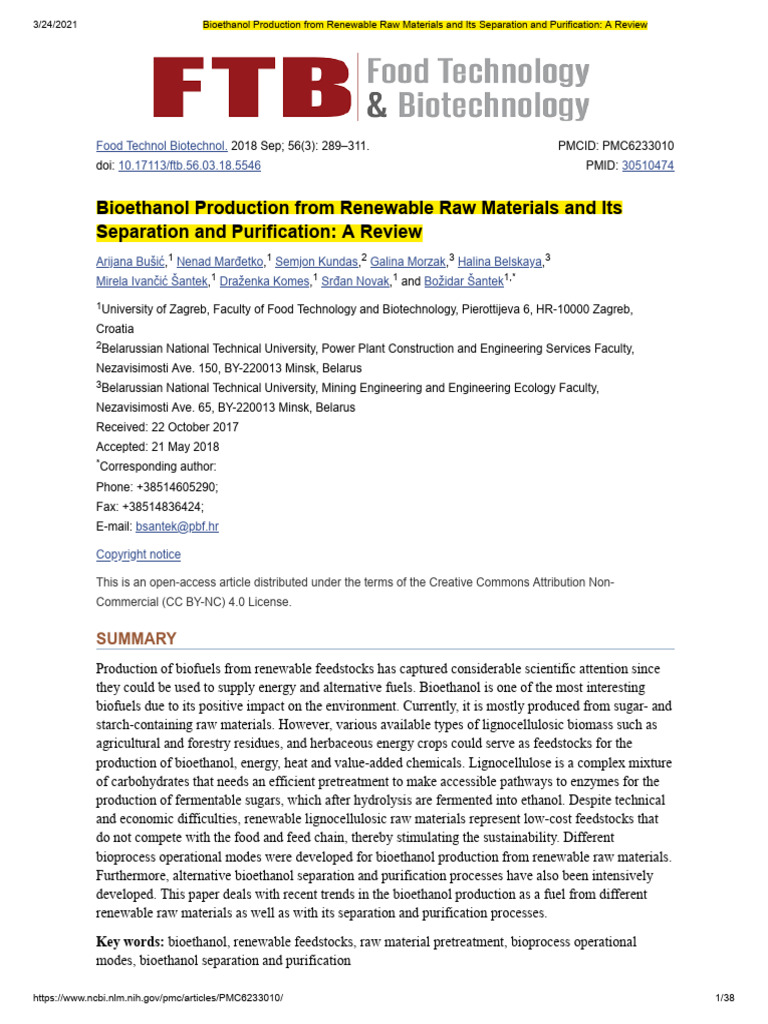 Bioethanol Production from Renewable Raw Materials and Its Separation and Purification_ A Review ...