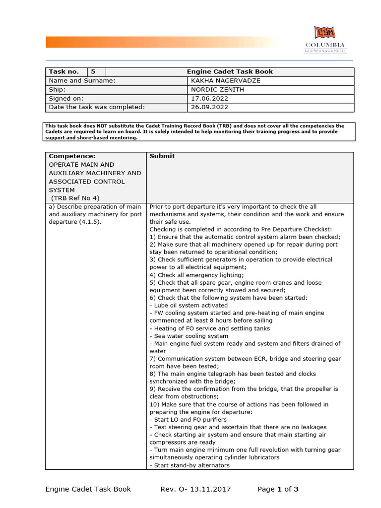 Engine Cadet Monthly Task Book #5 Kakha Nagervadze | PDF | Internal ...