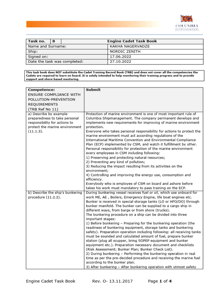 Engine Cadet Task Book Overview | PDF