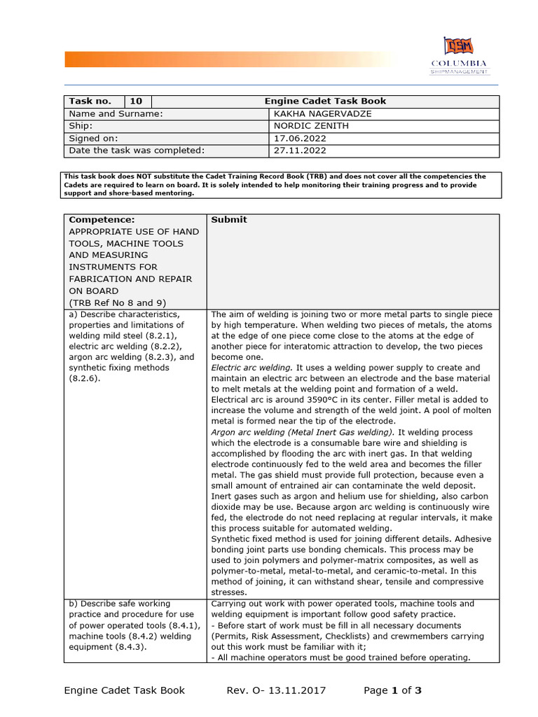 Engine Cadet Monthly Task Book #10 Kakha Nagervadze | PDF | Welding ...